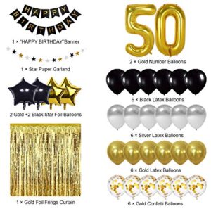 Black and Gold 50th Birthday Decorations Banner Balloon, Happy Birthday Banner, 50th Gold Foil Balloons, Number 50 Birthday Balloons, 50 Years Old Birthday Decoration Supplies