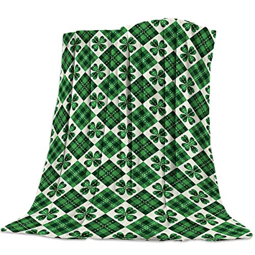 Fleece Blanket and Microfiber Soft Bed Throws Blanket St. Patrick's Day Scottish Checked Four-leaf Clover for Sofa Couch Decorative All Season Warm Living Room/Bedroom Lightweight Blankets 39×49inch