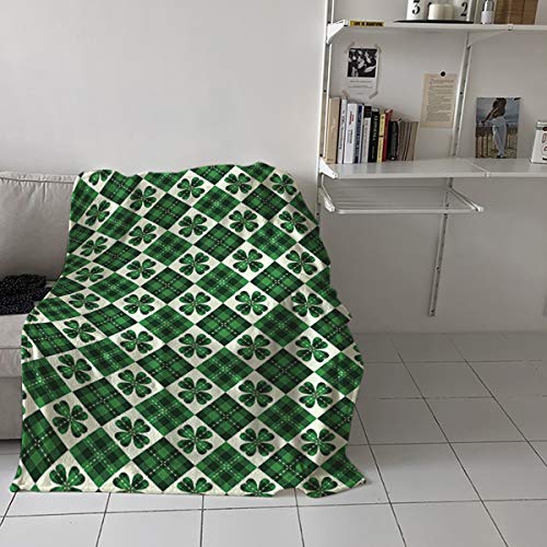 Fleece Blanket and Microfiber Soft Bed Throws Blanket St. Patrick's Day Scottish Checked Four-leaf Clover for Sofa Couch Decorative All Season Warm Living Room/Bedroom Lightweight Blankets 39×49inch