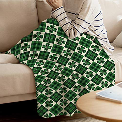 Fleece Blanket and Microfiber Soft Bed Throws Blanket St. Patrick's Day Scottish Checked Four-leaf Clover for Sofa Couch Decorative All Season Warm Living Room/Bedroom Lightweight Blankets 39×49inch