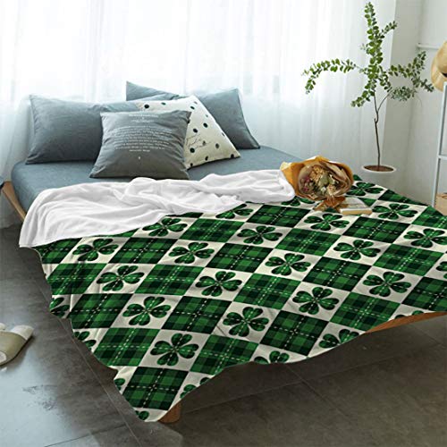 Fleece Blanket and Microfiber Soft Bed Throws Blanket St. Patrick's Day Scottish Checked Four-leaf Clover for Sofa Couch Decorative All Season Warm Living Room/Bedroom Lightweight Blankets 39×49inch