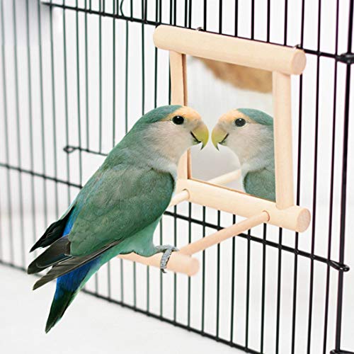 Bird Mirror Wooden Hanging Swing Interactive Play Toys for Small Parrot Budgies Macaw African Grey Parakeet Cockatiel Conure Lovebird Cage Accessories (Bird Mirror Perch Stand-2 PCS)