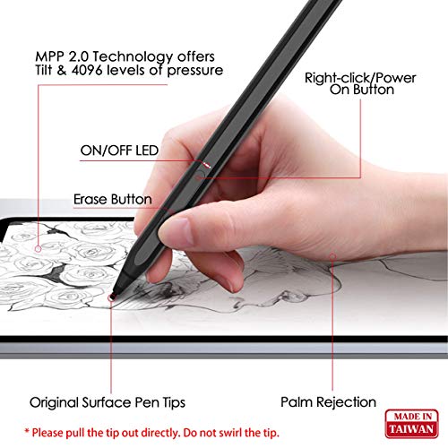 RENAISSER Raphael 520 Stylus for Surface, Designed in Houston, Made in Taiwan, 4096 Pressure Sensitivity, Compatible with New Surface Pro 9 & Pro 8/Laptop 5, Rechargeable