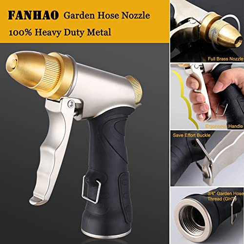 FANHAO Garden Hose Nozzle, 100% Heavy Duty Metal Spray Nozzle High Pressure Water Nozzle with 4 Patterns for Watering Garden, Washing Cars and Showering Pets - Full Brass Nozzle + ABS Non-Slip Grip