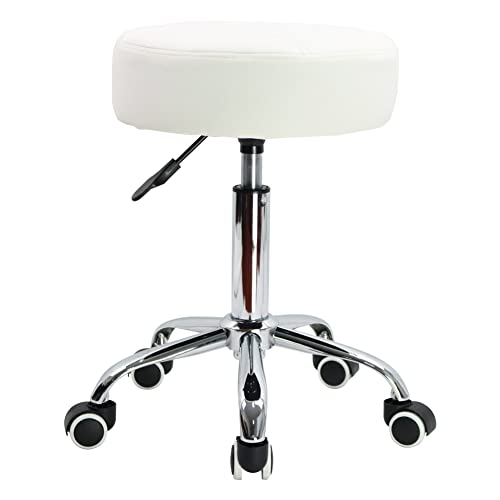 KKTONER Round Rolling Stool Chair PU Leather Height Adjustable Shop Stool Swivel Drafting Work SPA Salon Stools with Wheels Office Chair (White)