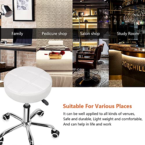 KKTONER Round Rolling Stool Chair PU Leather Height Adjustable Shop Stool Swivel Drafting Work SPA Salon Stools with Wheels Office Chair (White)