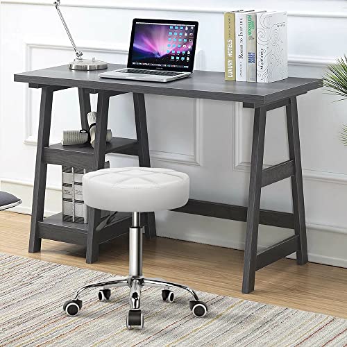 KKTONER Round Rolling Stool Chair PU Leather Height Adjustable Shop Stool Swivel Drafting Work SPA Salon Stools with Wheels Office Chair (White)