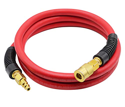 YOTOO Rubber Lead-in Air Hose 3/8-Inch by 6-Feet 300 PSI Heavy Duty, Kink Resistant, All-Weather Flexibility with 1/4-Inch Brass Male Fittings, Bend Restrictors, Red