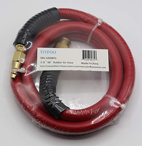 YOTOO Rubber Lead-in Air Hose 3/8-Inch by 6-Feet 300 PSI Heavy Duty, Kink Resistant, All-Weather Flexibility with 1/4-Inch Brass Male Fittings, Bend Restrictors, Red