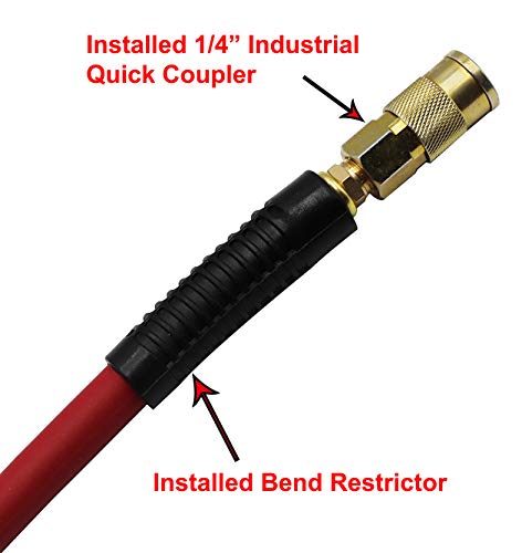 YOTOO Rubber Lead-in Air Hose 3/8-Inch by 6-Feet 300 PSI Heavy Duty, Kink Resistant, All-Weather Flexibility with 1/4-Inch Brass Male Fittings, Bend Restrictors, Red