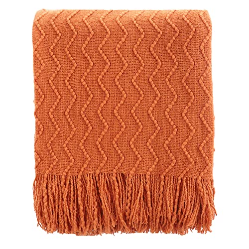 BATTILO HOME Burnt Orange Throw Blanket for Couch, Decorative Knitted Spring Blankets with Tassels - Soft Lightweight Textured Solid Fall Decor Throw, 50"x60"