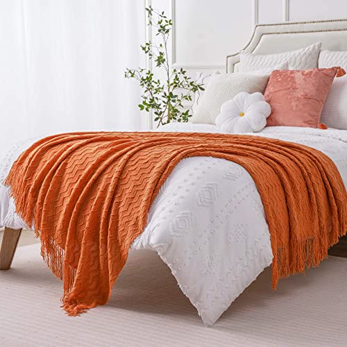 BATTILO HOME Burnt Orange Throw Blanket for Couch, Decorative Knitted Spring Blankets with Tassels - Soft Lightweight Textured Solid Fall Decor Throw, 50"x60"