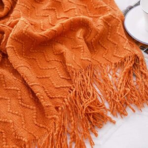 BATTILO HOME Burnt Orange Throw Blanket for Couch, Decorative Knitted Spring Blankets with Tassels - Soft Lightweight Textured Solid Fall Decor Throw, 50"x60"