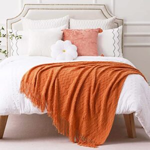 BATTILO HOME Burnt Orange Throw Blanket for Couch, Decorative Knitted Spring Blankets with Tassels - Soft Lightweight Textured Solid Fall Decor Throw, 50"x60"