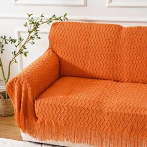 BATTILO HOME Burnt Orange Throw Blanket for Couch, Decorative Knitted Spring Blankets with Tassels - Soft Lightweight Textured Solid Fall Decor Throw, 50"x60"