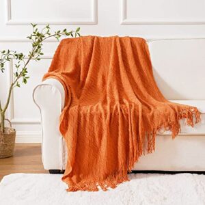 BATTILO HOME Burnt Orange Throw Blanket for Couch, Decorative Knitted Spring Blankets with Tassels - Soft Lightweight Textured Solid Fall Decor Throw, 50"x60"