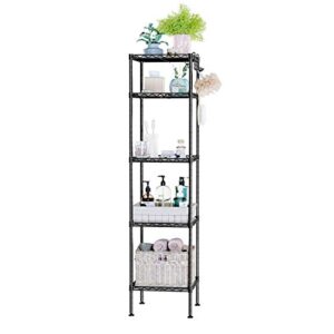 SONGMICS Bathroom Shelf, Storage Rack for Small Space, Total Load Capacity 220 lb, 11.8 x 11.8 x 48.6 Inches, with 5 PP Sheets, Removable Hooks, Extendable Design, Black and Translucent ULGR23BK