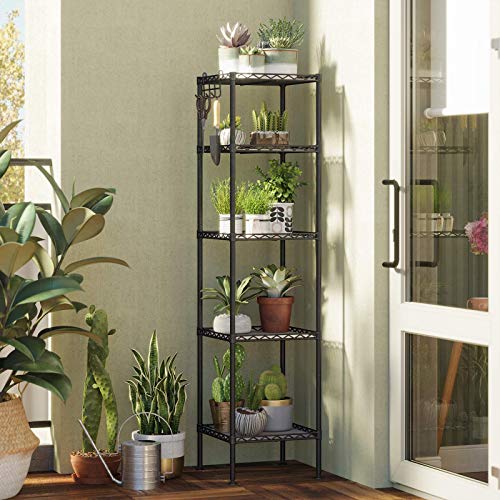 SONGMICS Bathroom Shelf, Storage Rack for Small Space, Total Load Capacity 220 lb, 11.8 x 11.8 x 48.6 Inches, with 5 PP Sheets, Removable Hooks, Extendable Design, Black and Translucent ULGR23BK