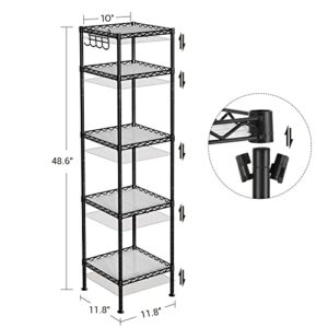 SONGMICS Bathroom Shelf, Storage Rack for Small Space, Total Load Capacity 220 lb, 11.8 x 11.8 x 48.6 Inches, with 5 PP Sheets, Removable Hooks, Extendable Design, Black and Translucent ULGR23BK