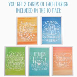 VNS Creations 10 Teacher Thank You Cards with Matching Envelopes & Stickers | Bulk Appreciation Thank You Notes Pack for Teachers | Great Gift Set for Teachers Day or Valentines Cards for Teachers.