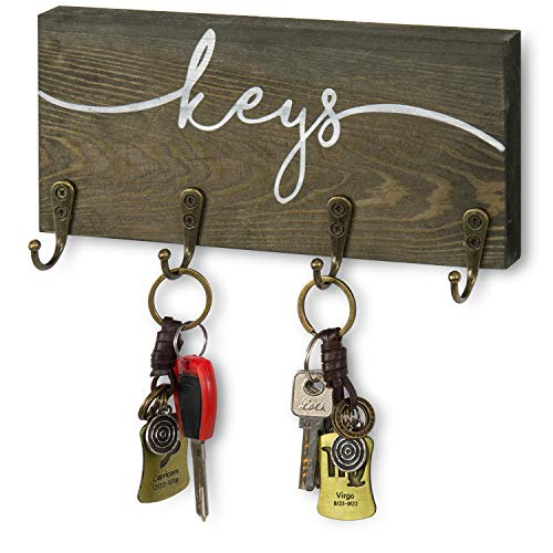 MyGift Keys Design Wall Mounted Rustic Gray Wood Entryway Key Storage Rack with 4 Metal Hanging Hooks