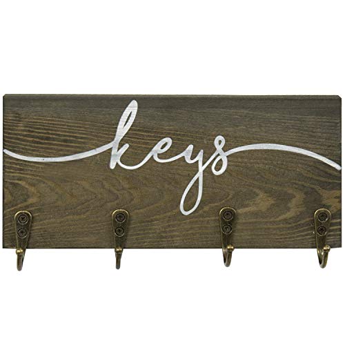 MyGift Keys Design Wall Mounted Rustic Gray Wood Entryway Key Storage Rack with 4 Metal Hanging Hooks