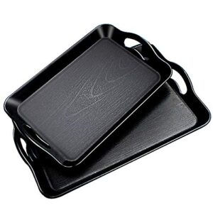 uniyou wood grain serving tray with handles rectangular thickened waterproof heat resistant plastic serving tray with wide handle, black 16.5'' x 11'' and 14.5'' x 9''