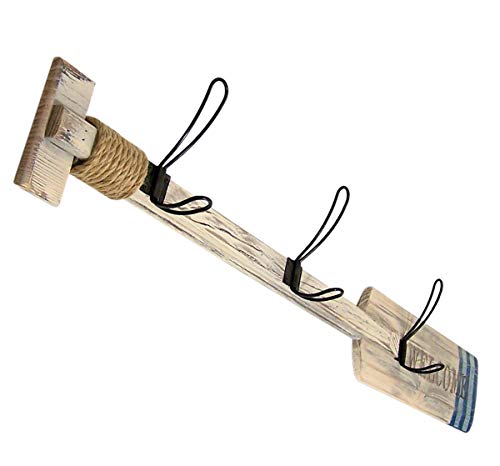 Beach Themed Home Decor Large Wooden Welcome Oar Paddle with Three Coat Hooks, 43 Inches