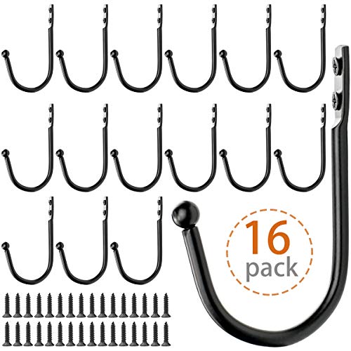 iLoft Black Single Hooks Wall Mount Small Wrought Iron Hook Utility Decorative Towels Hat Coat Keys Hanger for The Entryway, Bathroom, Bedroom, Kitchen, Mudroom Metal J Hook, 16pcs with 32 Screws, 3.4