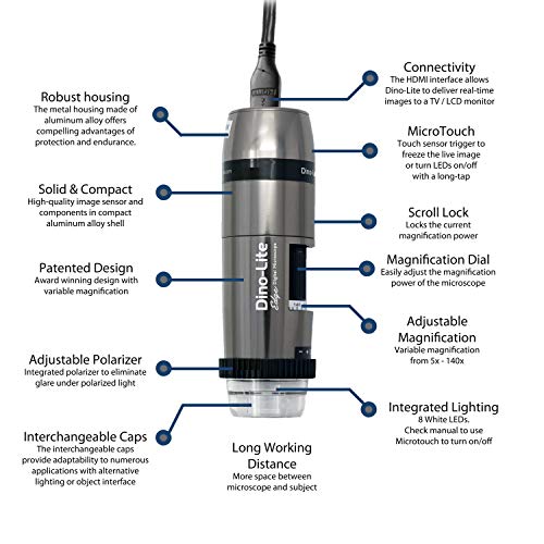 Dino-Lite HDMI Digital Microscope AM5218MZTL- 720p, 5X - 140x Optical Magnification, Polarized Light, Long Working Distance