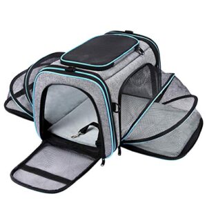 maskeyon airline approved pet carrier, large soft sided pet travel tsa carrier 4 sides expandable cat collapsible carrier with removable fleece pad and pockets for cats dogs and small animals