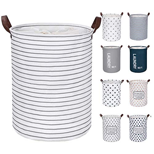 FRIENDIY Large Laundry Hampers (9 Colors), Removable Laundry Basket,foldable fabric laundry basket, drawstring waterproof round cotton linen storage basket. (White Strips, Thickened 19"/Large)