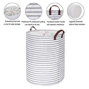 FRIENDIY Large Laundry Hampers (9 Colors), Removable Laundry Basket,foldable fabric laundry basket, drawstring waterproof round cotton linen storage basket. (White Strips, Thickened 19"/Large)