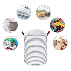 FRIENDIY Large Laundry Hampers (9 Colors), Removable Laundry Basket,foldable fabric laundry basket, drawstring waterproof round cotton linen storage basket. (White Strips, Thickened 19"/Large)