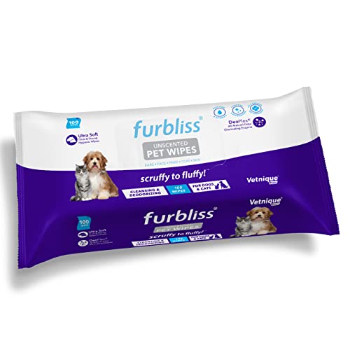 Vetnique Labs Furbliss Hygienic Pet Wipes for Dogs & Cats, Cleansing Grooming & Deodorizing Hypoallergenic Thick Wipes with All Natural Deoplex Deodorizer (Unscented, 100ct Pouch)