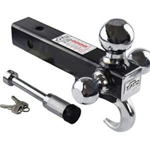 TOPTOW 64180L Trailer Receiver Hitch Triple Ball Mount with Hook, Fits for 2 inch Receiver, Chrome Balls, 2 inch Shank, with 5/8 inch Lock