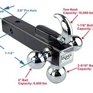 TOPTOW 64180L Trailer Receiver Hitch Triple Ball Mount with Hook, Fits for 2 inch Receiver, Chrome Balls, 2 inch Shank, with 5/8 inch Lock