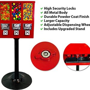 Red All Metal Triple Compartment Commercial Vending Machine for 1 inch Gumballs, 1 inch Toy Capsules, Bouncy Balls, Candy, Nuts with Stand by American Gumball Company