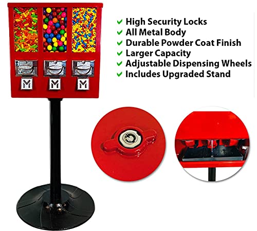 Red All Metal Triple Compartment Commercial Vending Machine for 1 inch Gumballs, 1 inch Toy Capsules, Bouncy Balls, Candy, Nuts with Stand by American Gumball Company