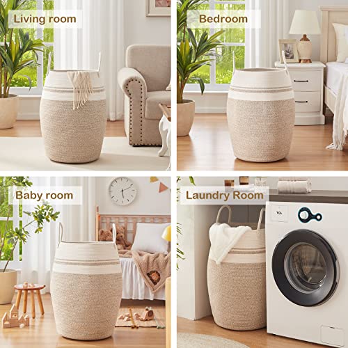 OIAHOMY Laundry Hamper Woven Cotton Rope Large Clothes Hamper 25.6" Height Tall Laundry Basket with Extended Cotton Handles for Storage Clothes Toys in Bedroom, Bathroom, Foldable (Yellow variegated)