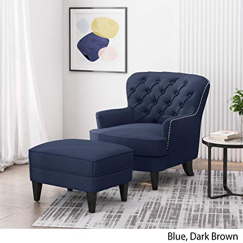 Christopher Knight Home Ophelia Club Chair and Ottoman Set, Fabric, Blue, Dark Brown