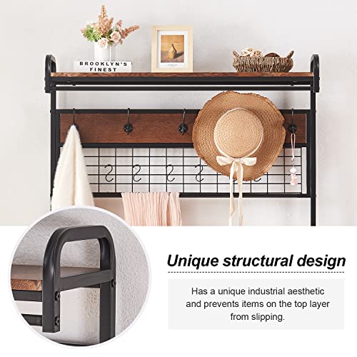 HOMISSUE 5-In-1 Entryway Hall Tree with Shoe Bench, Coat Rack with 11 Hooks and 2 Hanging Rods, Grid Panel for Memo and Photo Display, Brown Finish