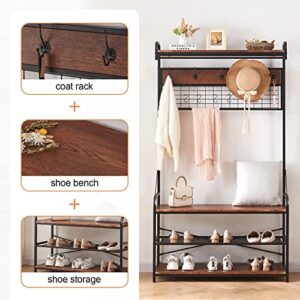 HOMISSUE 5-In-1 Entryway Hall Tree with Shoe Bench, Coat Rack with 11 Hooks and 2 Hanging Rods, Grid Panel for Memo and Photo Display, Brown Finish