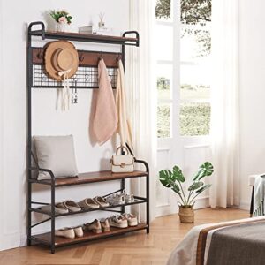 HOMISSUE 5-In-1 Entryway Hall Tree with Shoe Bench, Coat Rack with 11 Hooks and 2 Hanging Rods, Grid Panel for Memo and Photo Display, Brown Finish