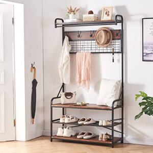 HOMISSUE 5-In-1 Entryway Hall Tree with Shoe Bench, Coat Rack with 11 Hooks and 2 Hanging Rods, Grid Panel for Memo and Photo Display, Brown Finish