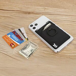 New 5-in-1 Cell Phone Wallet-Stick On Spandex Ring Card Holder Sleeve Back-Double-Pocket+Magnetic+Finger Grip Strap Loop+Kickstand+RFID Block,Most of Smartphones (iPhone/Android/Samsung Galaxy)