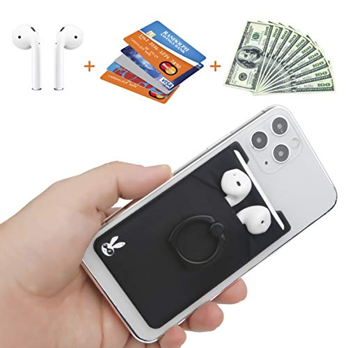 New 5-in-1 Cell Phone Wallet-Stick On Spandex Ring Card Holder Sleeve Back-Double-Pocket+Magnetic+Finger Grip Strap Loop+Kickstand+RFID Block,Most of Smartphones (iPhone/Android/Samsung Galaxy)