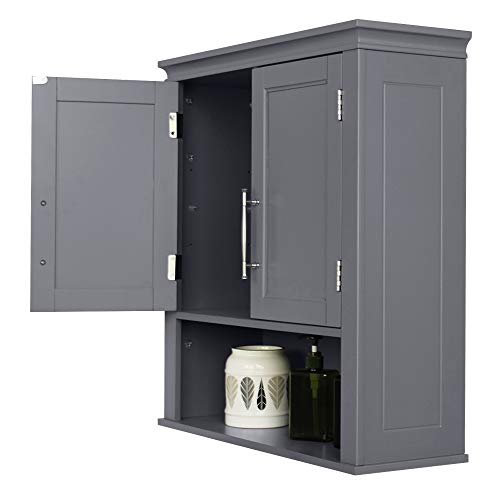 Knocbel Bathroom Wall Storage Cabinet, Over The Toilet Medicine Cabinet, Space Saving Double Doors Cupboard with Adjustable Shelves & Metal Handles, 23.23" L x 8.07" W x 24.81" H (Gray)