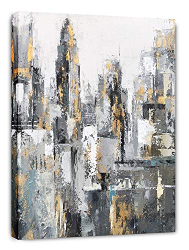 Yihui Arts Large Modern Abstract Chicago City Canvas Wall Artworks Painting with Gold Foil for Living Room Decoration