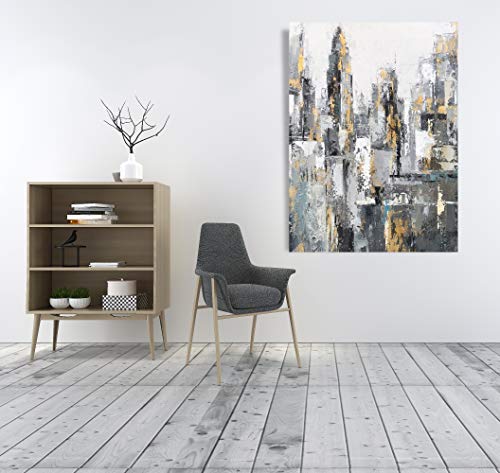 Yihui Arts Large Modern Abstract Chicago City Canvas Wall Artworks Painting with Gold Foil for Living Room Decoration